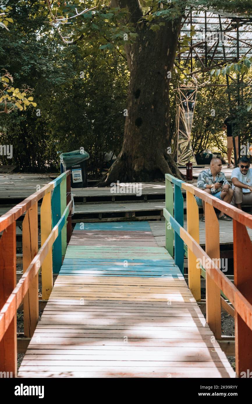 A vertical shot of a colorful bridge at the Electric Castle music ...