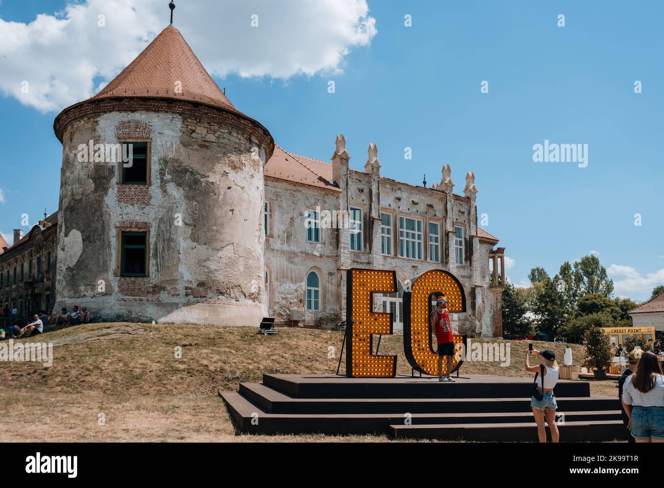 The Electric Castle Festival logo in front of Banffy Castle. Bontida, Cluj-Napoca Stock Photo ...