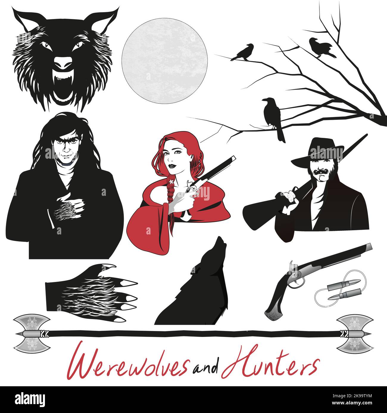 Clipart set of the werewolves and wolf hunters horror world ...