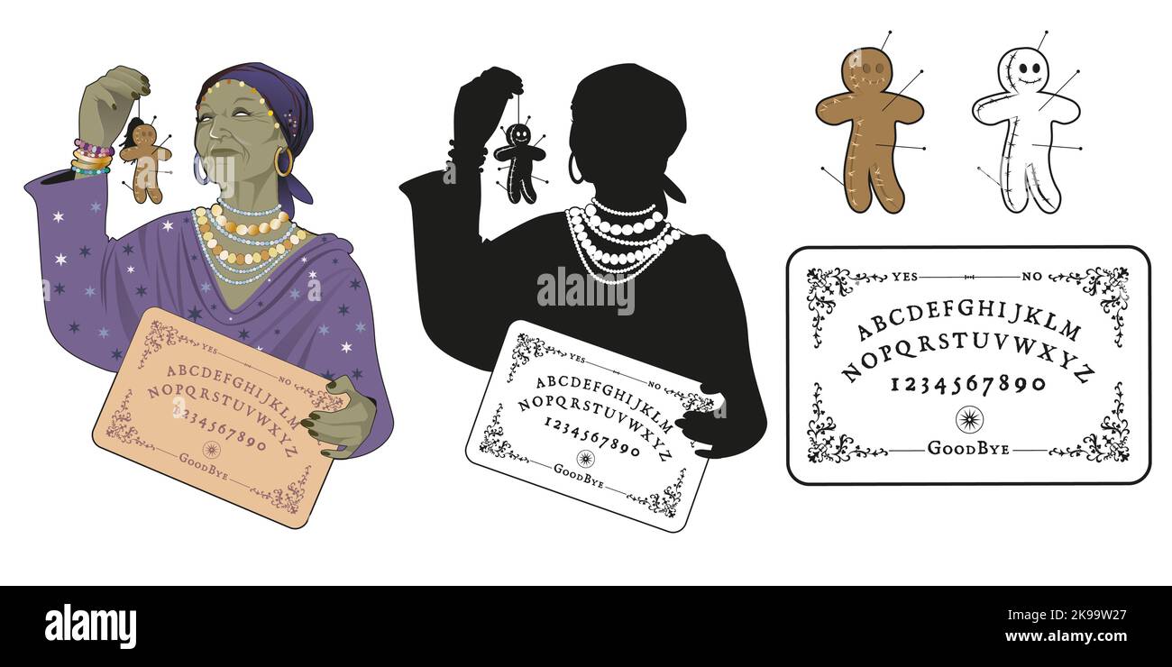 Old woman dressed in gypsy clothes holding a voodoo puppet with needles ...