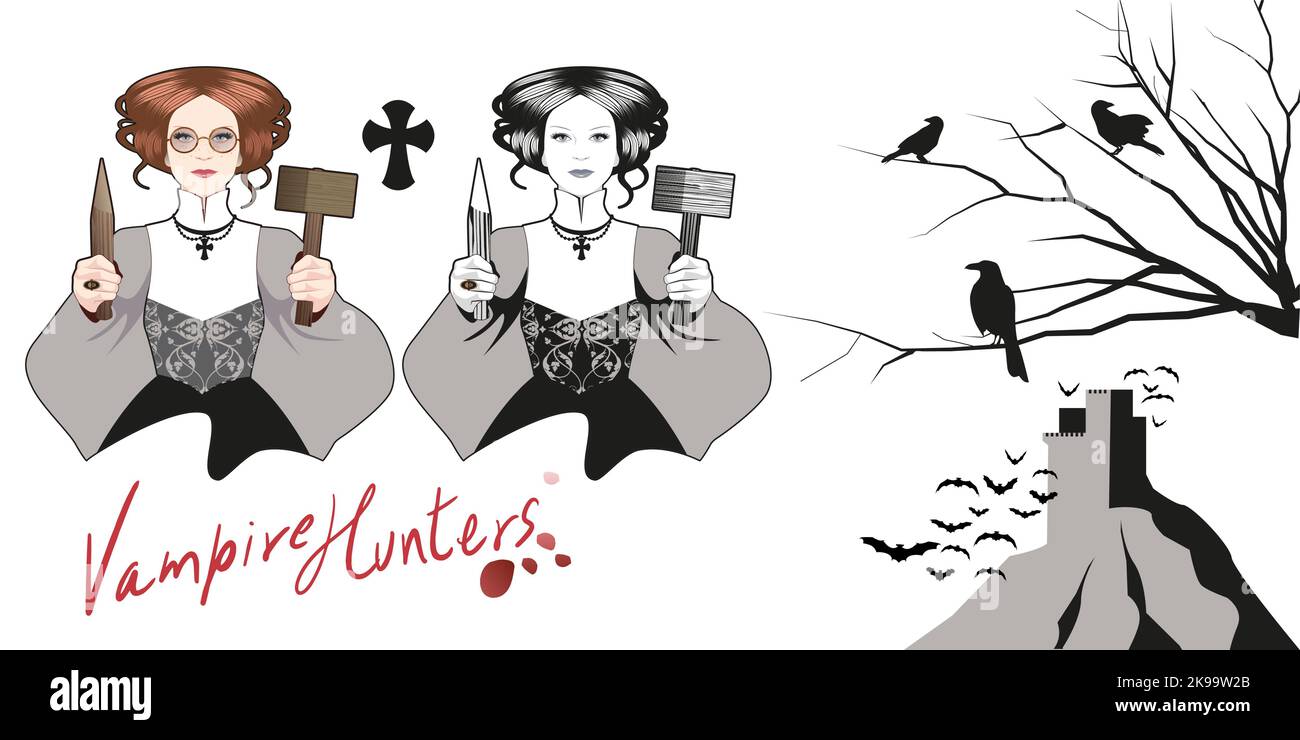 Vampire hunter dressed in Victorian fashion holding stake and hammer ...