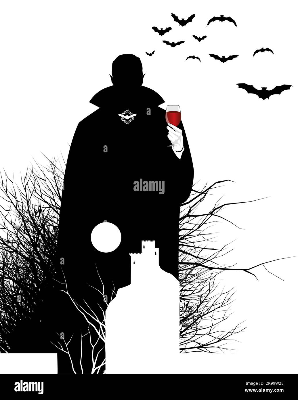 Vampire silhouette holding a glass of wine. Medieval castle silhouette ...