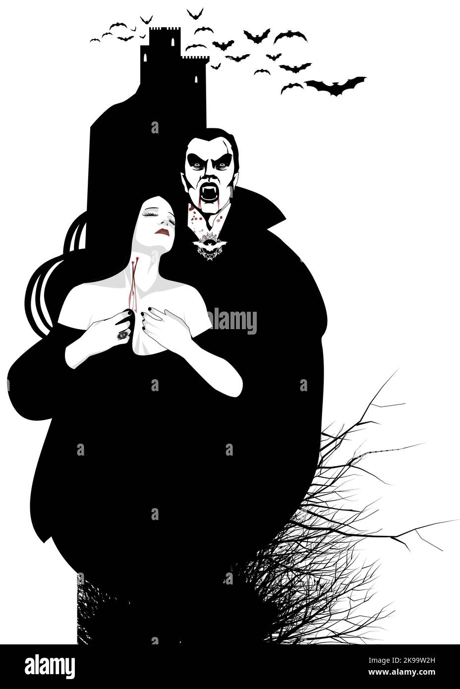 Medieval castle silhouette, dry branches and flying bats. Scary vampire ...