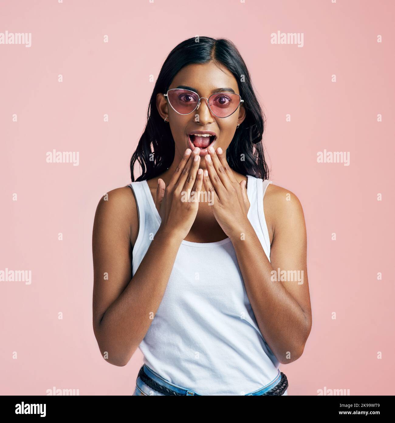 I dont believe it. Studio portrait of a beautiful young woman looking ...