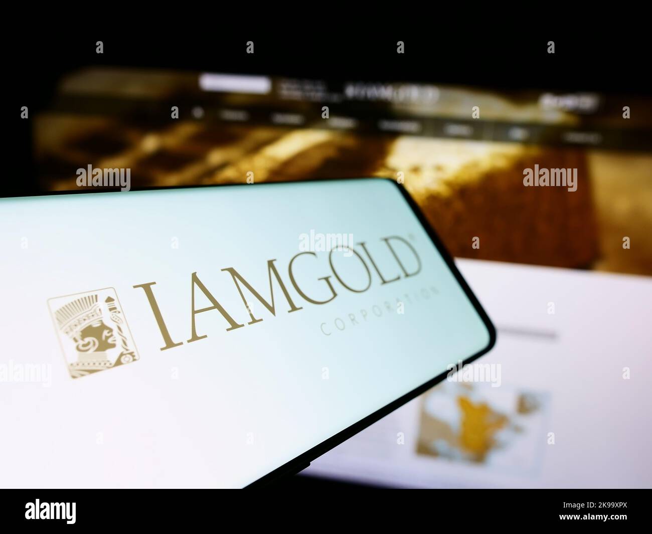 Mobile phone with logo of Canadian mining company Iamgold Corporation ...
