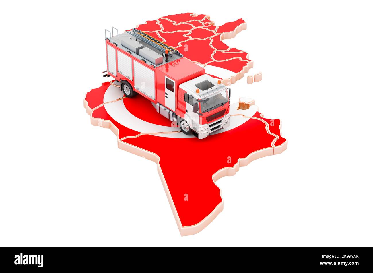 Fire department in Tunisia. Fire engine truck on the Tunisian map. 3D ...