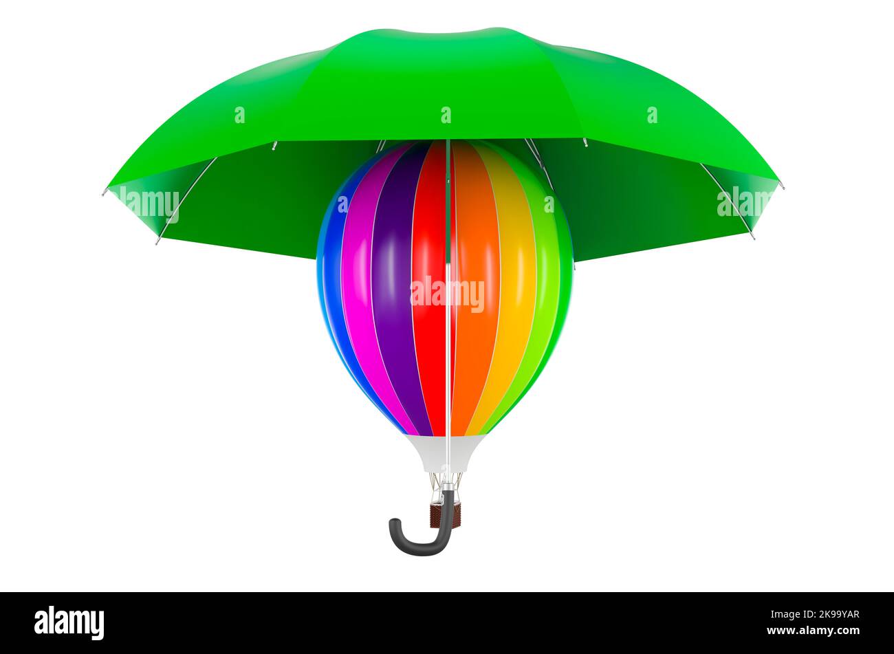 Hot air balloon under umbrella, 3D rendering isolated on white ...