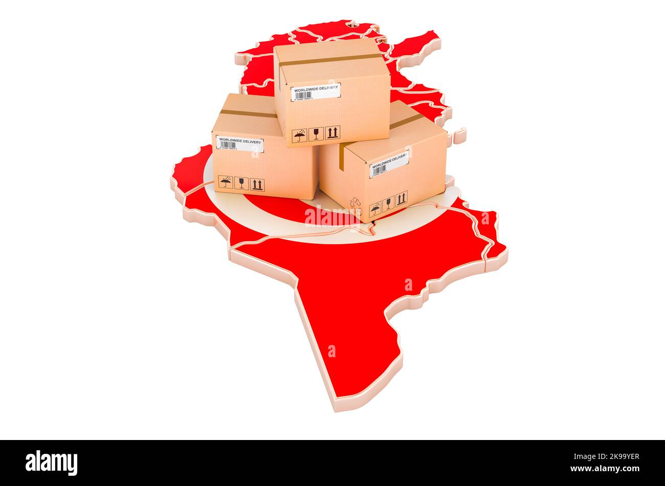 Parcels on the Tunisian map. Shipping in Tunisia, concept. 3D rendering isolated on white ...