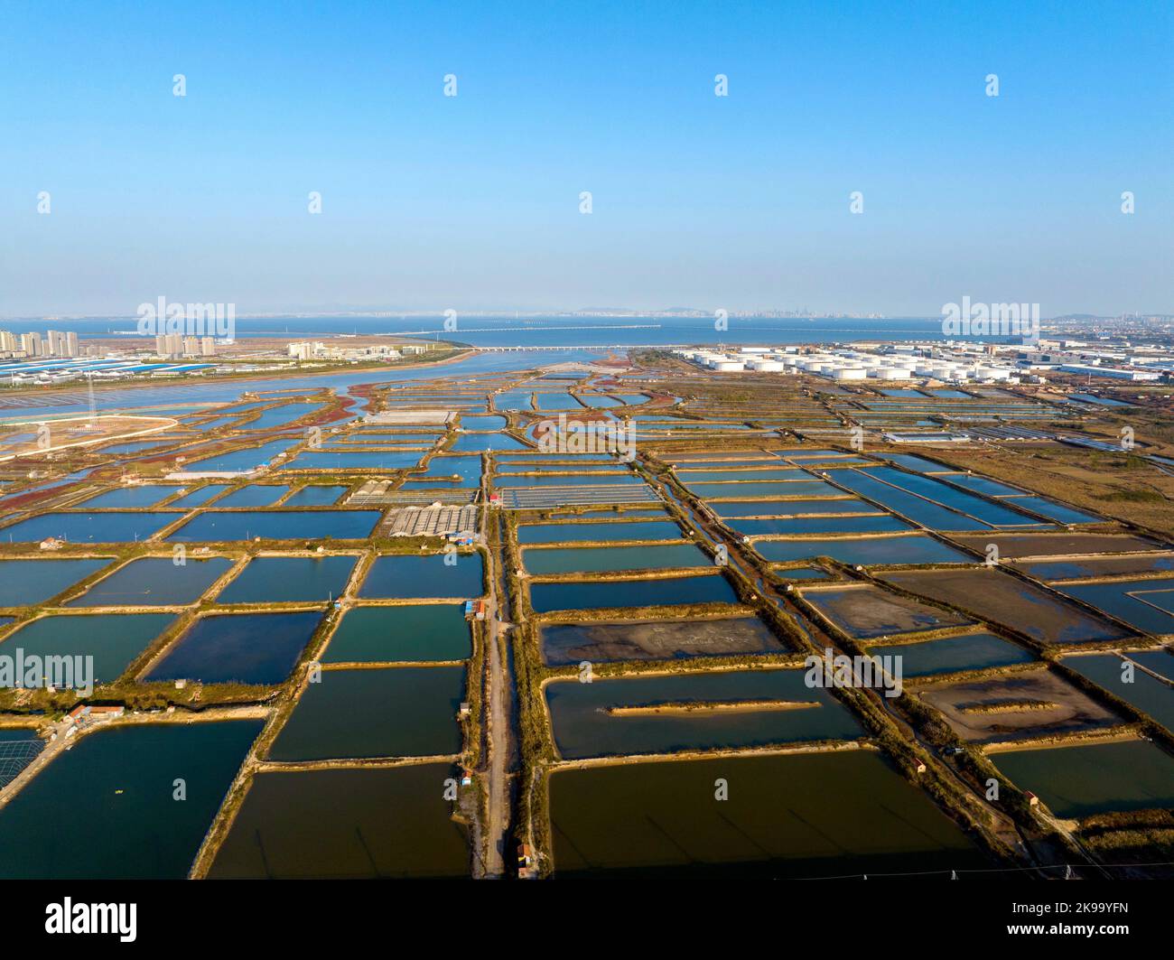 Aerial photos show the colorful views of shrimp and crab breeding pond ...