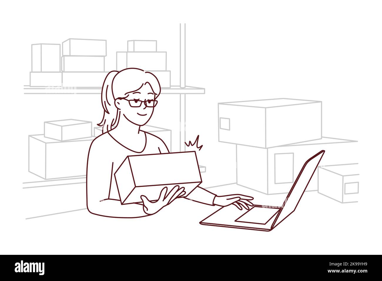 Smiling woman working on computer on warehouse forming orders. Happy ...