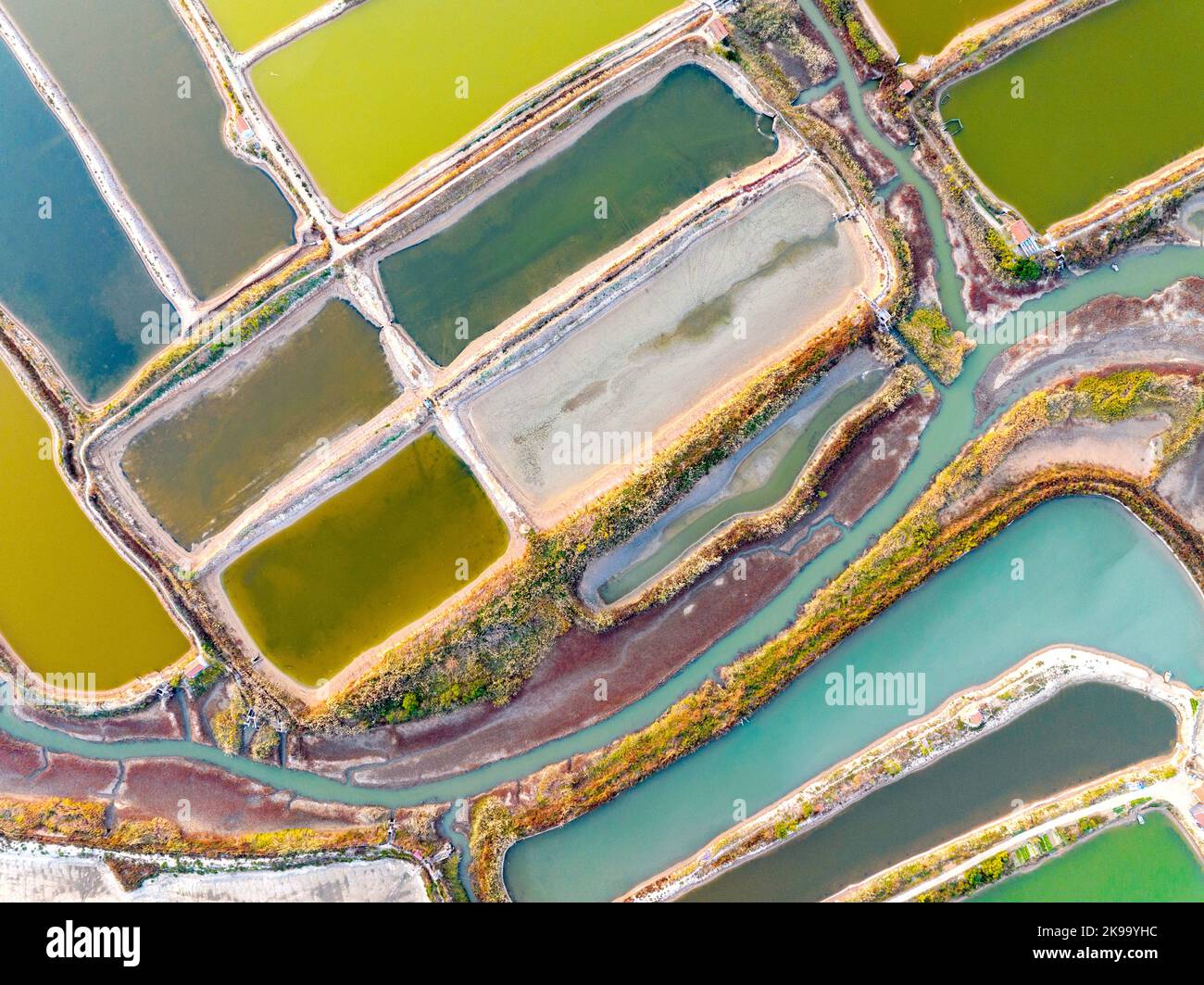 Aerial photos show the colorful views of shrimp and crab breeding pond ...