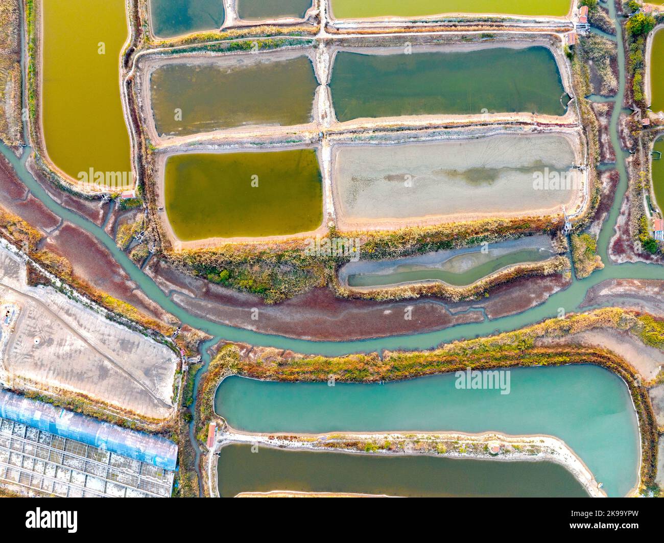 Aerial photos show the colorful views of shrimp and crab breeding pond ...