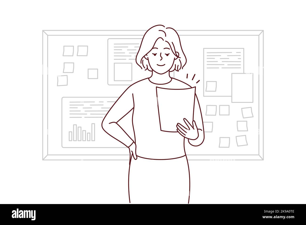 Smiling businesswoman holding paper work stand near board making ...