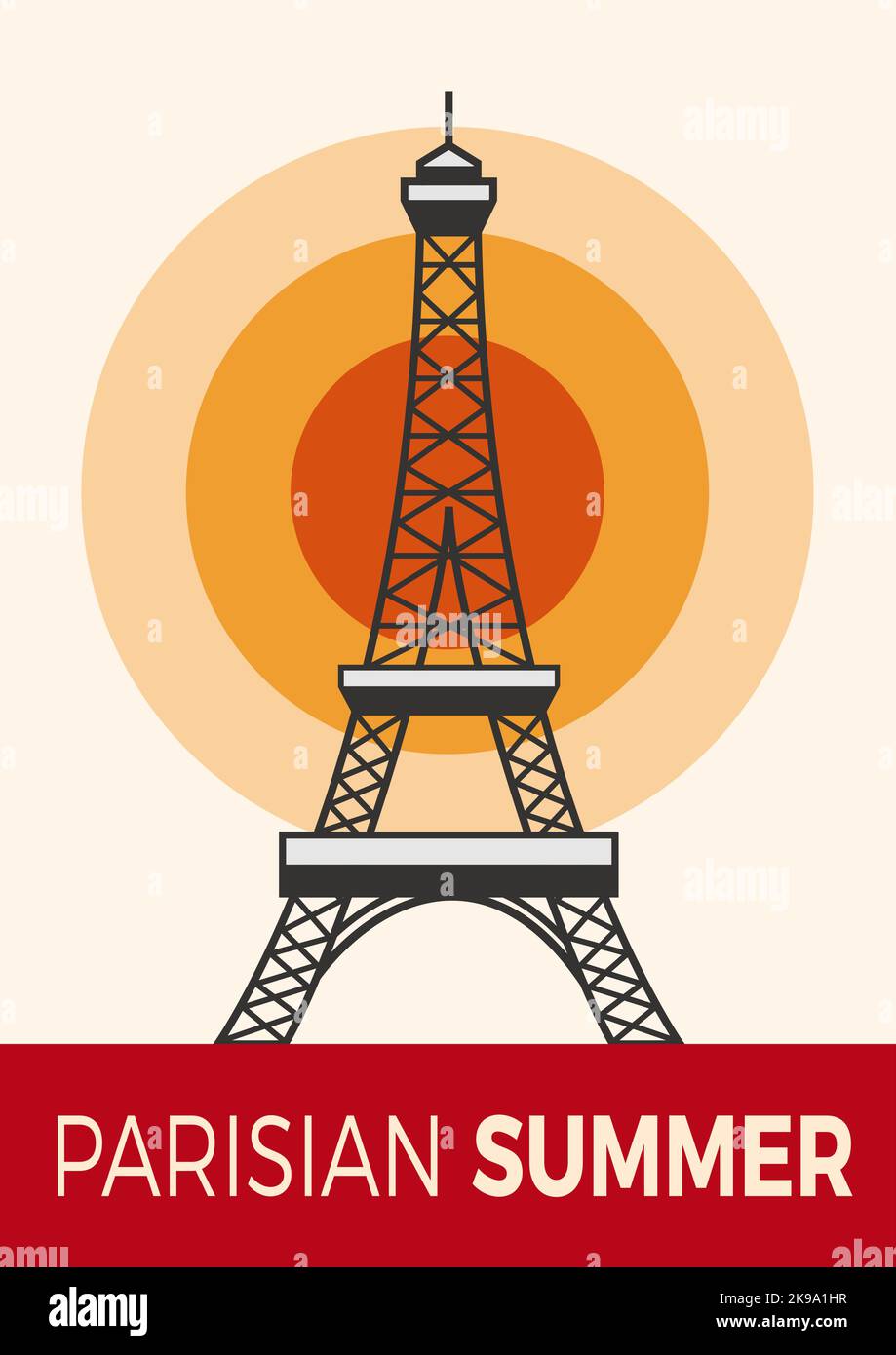 Tour Eiffel, Paris. Parisian summer, poster and cover with sun in flat ...