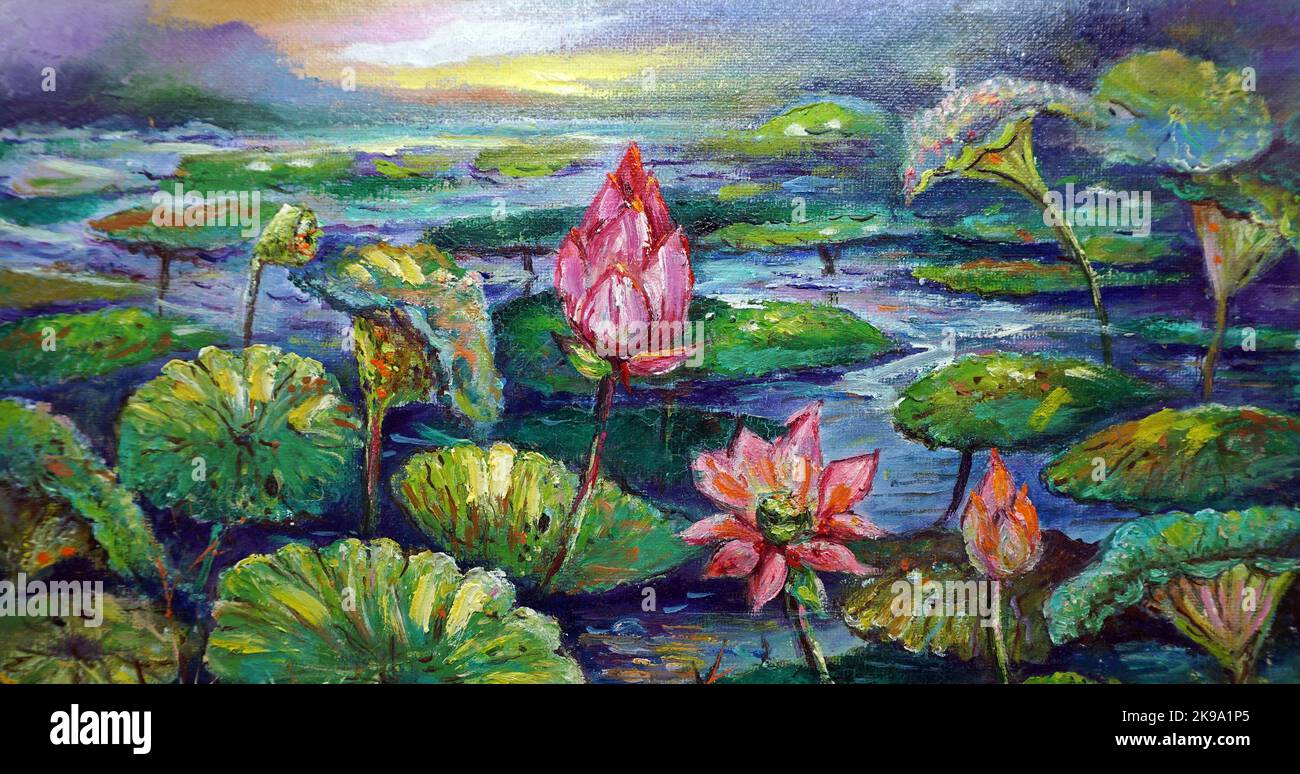 Art painting oil color lotus flower in lake Stock Photo - Alamy