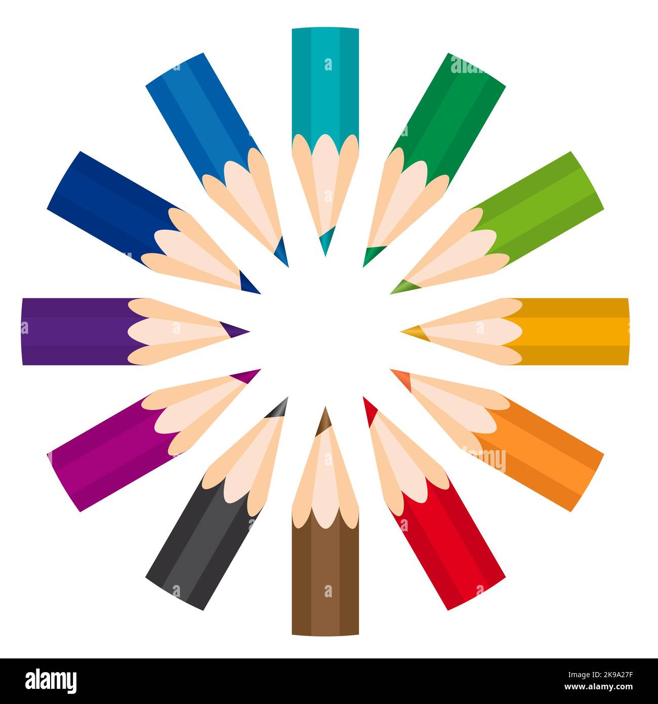 Color pencils set. Wooden pencil arranged in a circle on white background. Crayons, Vector ...