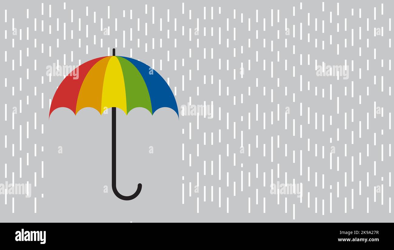 Rain and an open rainbow colored umbrella, safety concept. Protection ...
