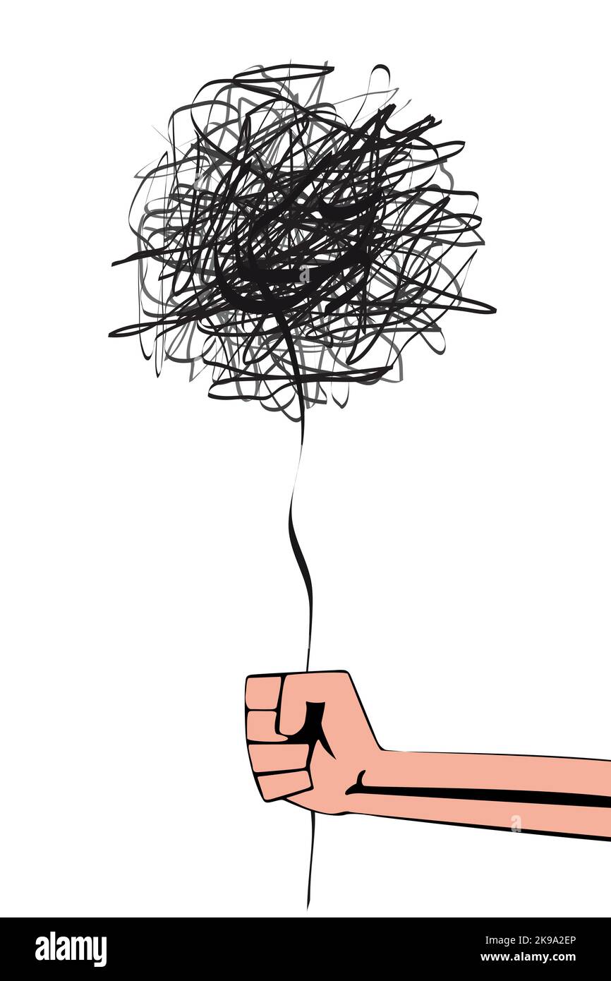 balloons made a scribble shape . hand holding a confusion rope. Chaos ...