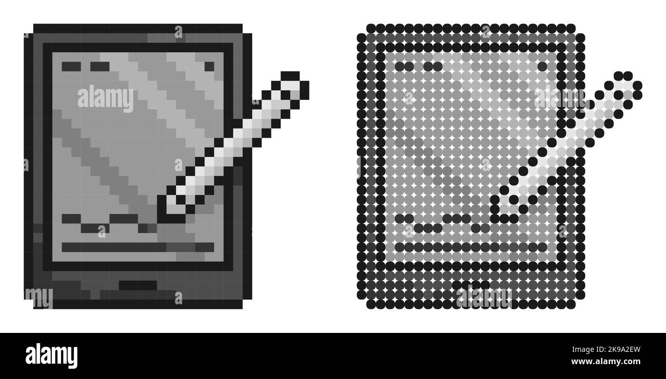 Pixel icon. Electronic pen digitally signs tablet screen. Using digital ...