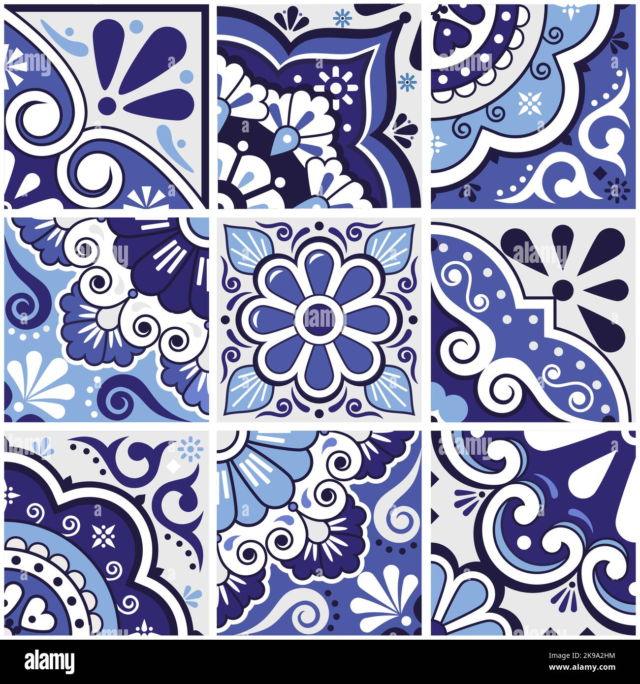 Mexican talvera ceramic tiles set with navy blue decor, flowers, leaves ...