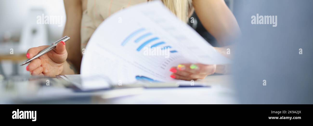 Office lady go through papers at work, business meeting, checking ...