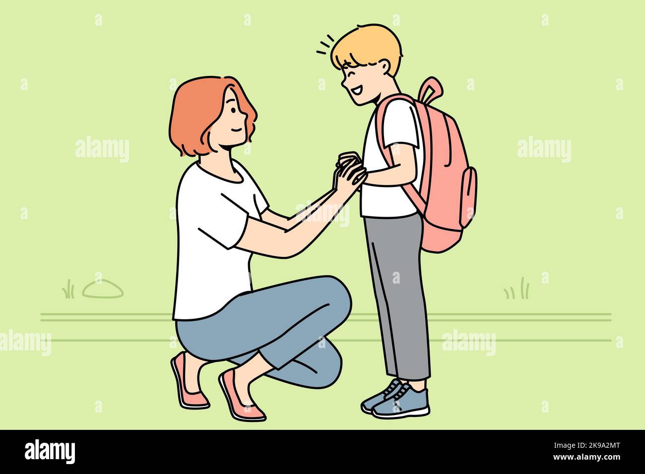 Smiling mother seeing small teen son with backpack to school. Happy ...