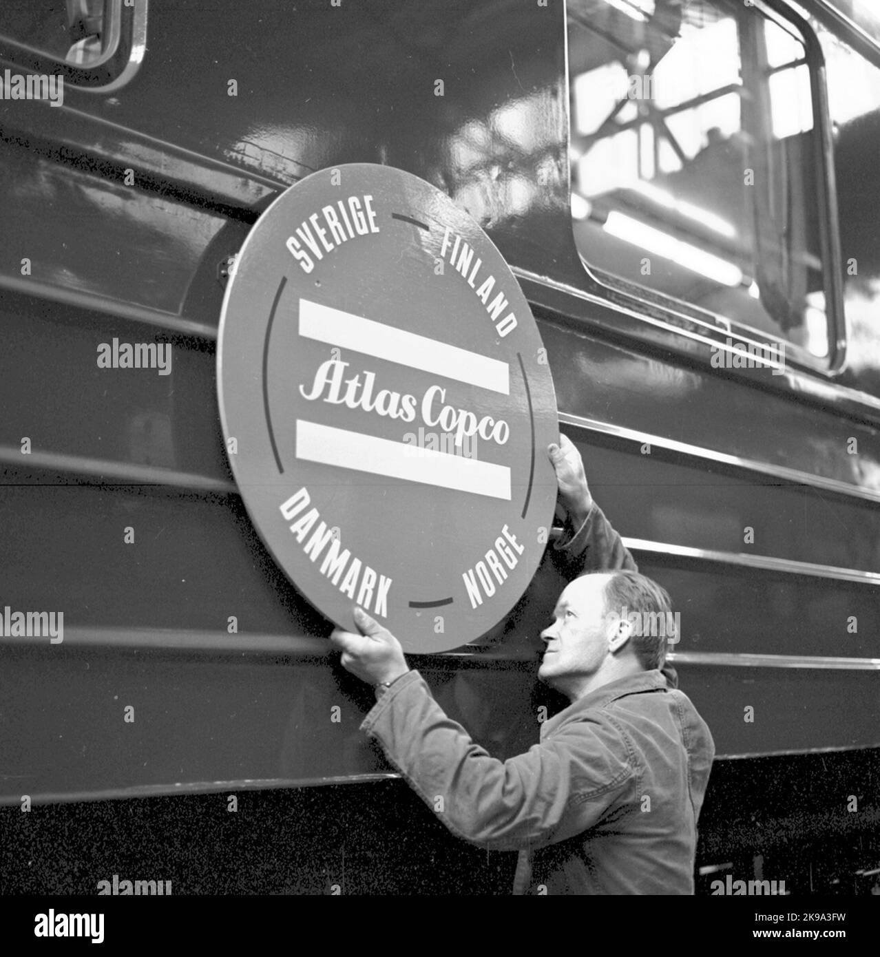 Signage on a company train, Atlas Copco. Sweden-Finland-Danmark-Norway ...