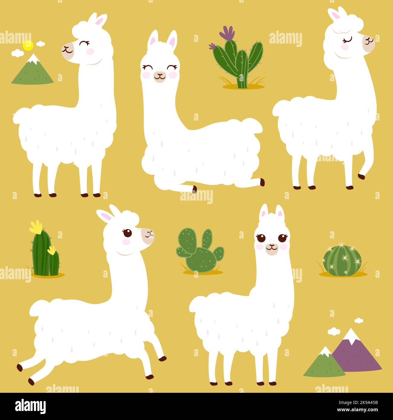 Cute white llama or alpaca animals with cactus and desert plants ...