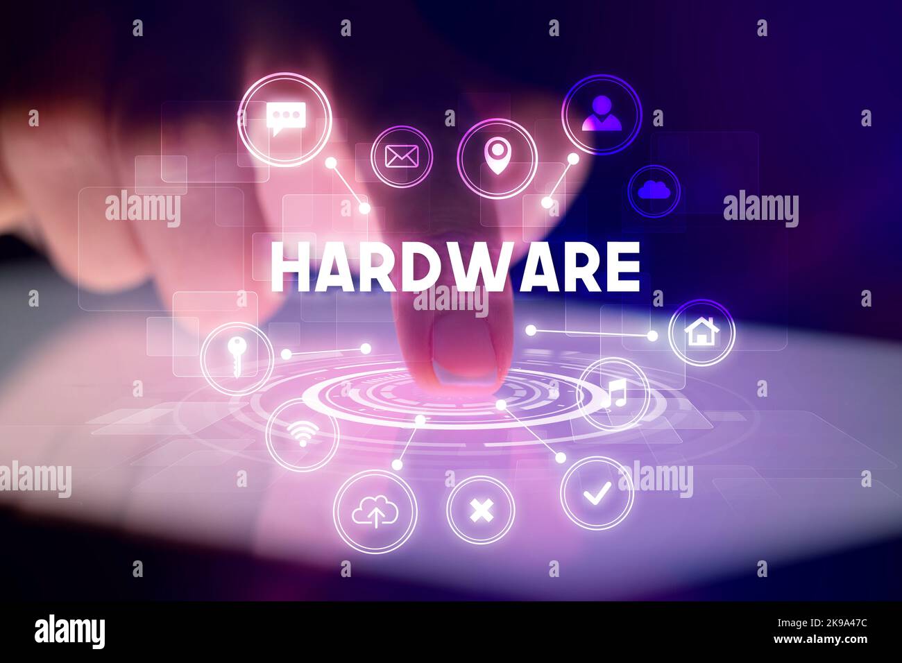 Finger touching tablet with web technology icons concept Stock Photo ...