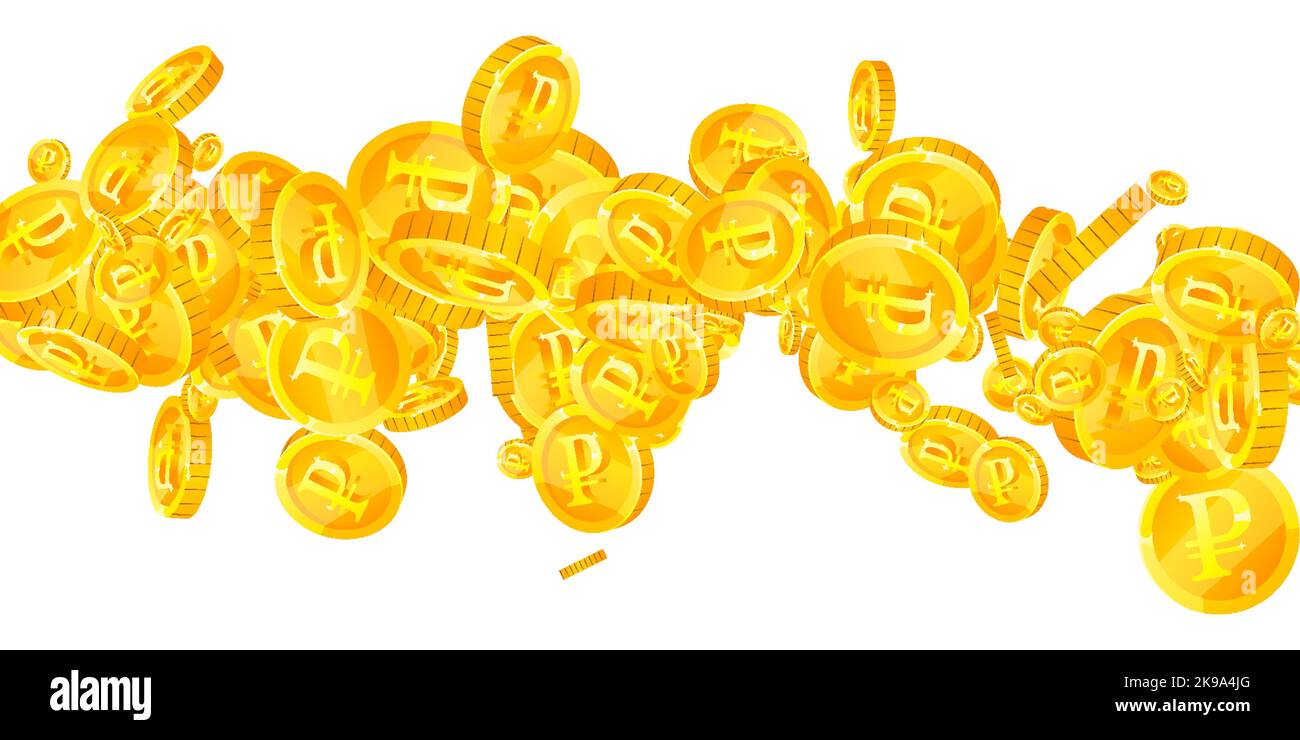 Russian ruble coins falling. Scattered gold RUB coins. Russia money ...