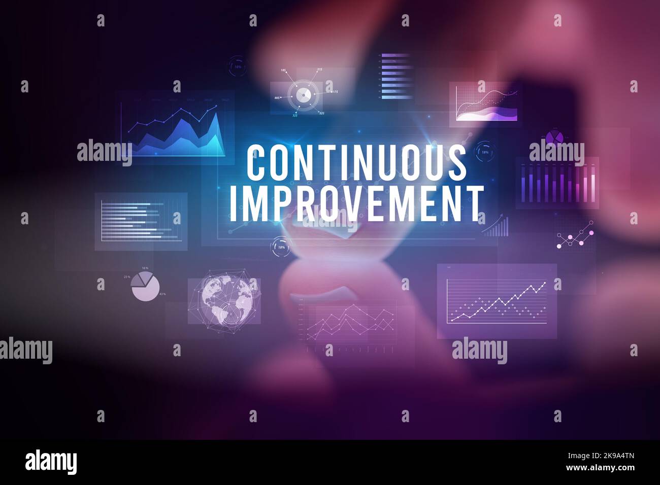 Finger touching tablet with business graphs and icons concept Stock ...