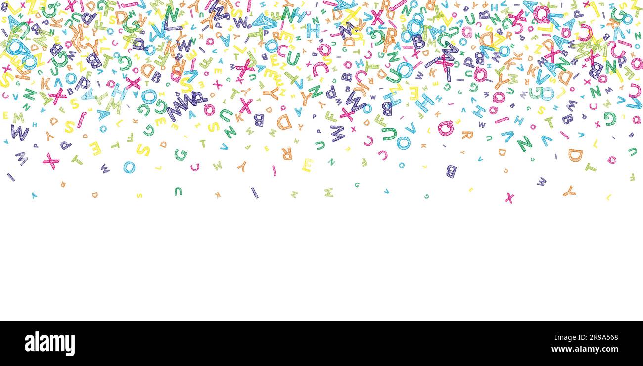Falling letters of English language. Colorful messy sketch flying words ...