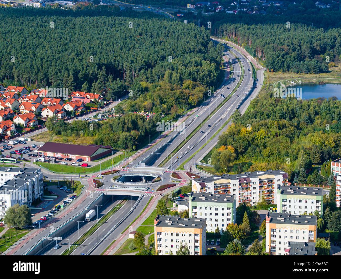A multi-level intersection on the city beltway, aerial landscape Stock ...