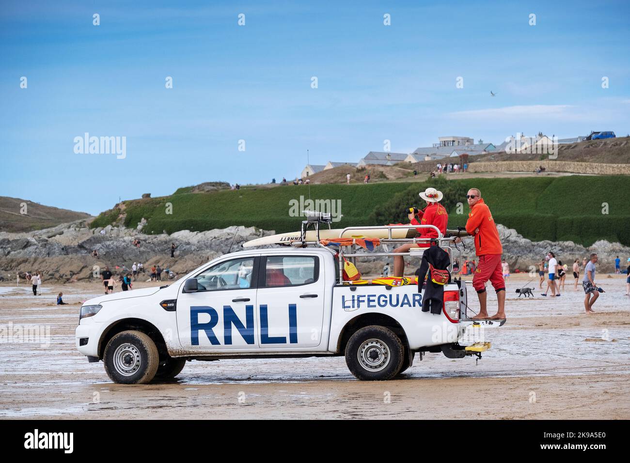 RNLI Lifeguards and their Emergency response vehicle on duty on Fistral ...