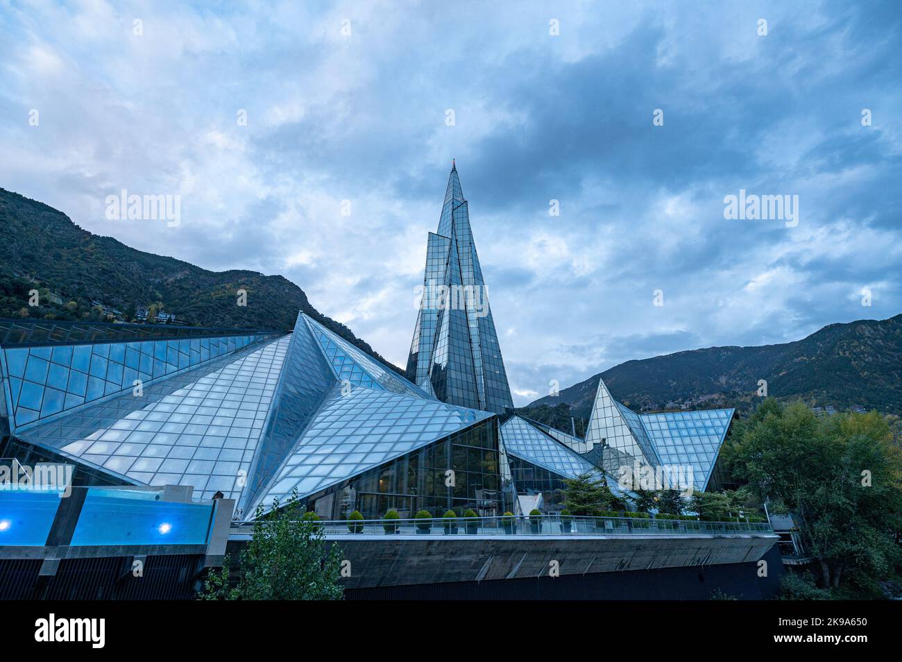 Escaldes - Engordany: 2022 October 26: Exterior panorama of the Caldea ...