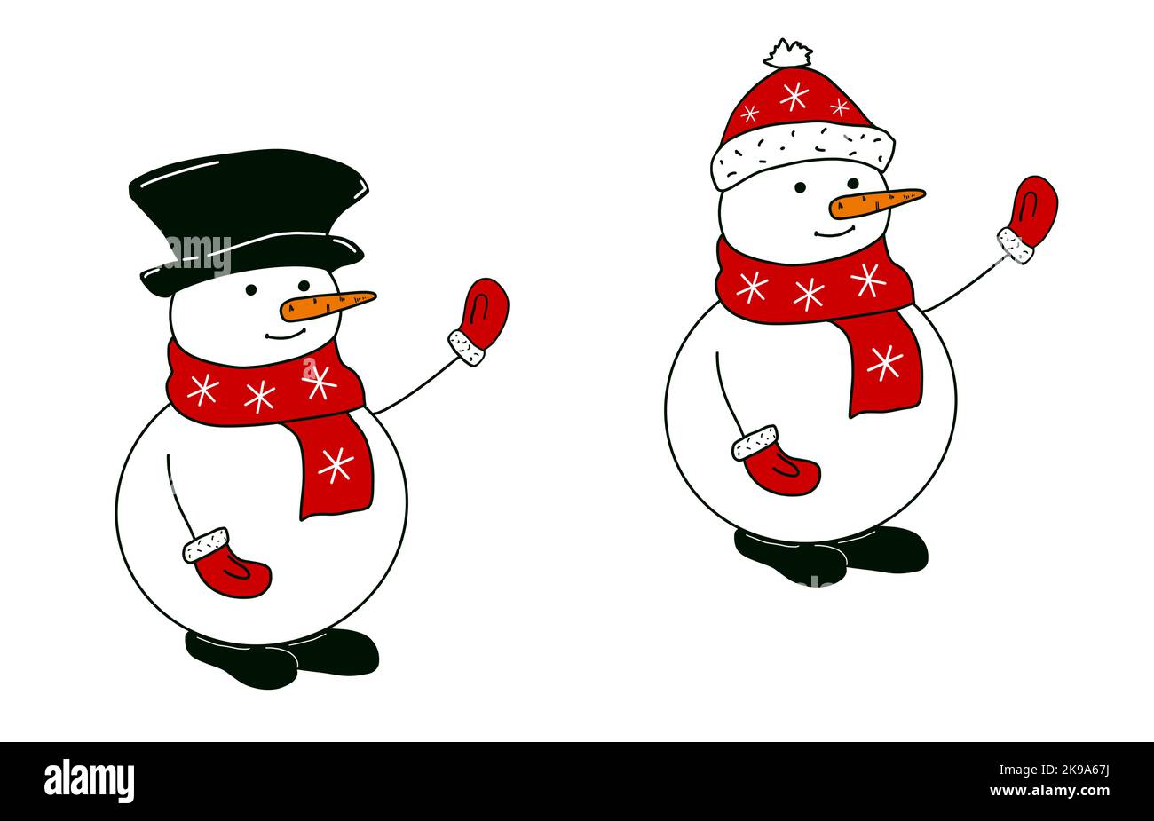 Set of Snowman with hat and scarf isolated on white background. Hand ...