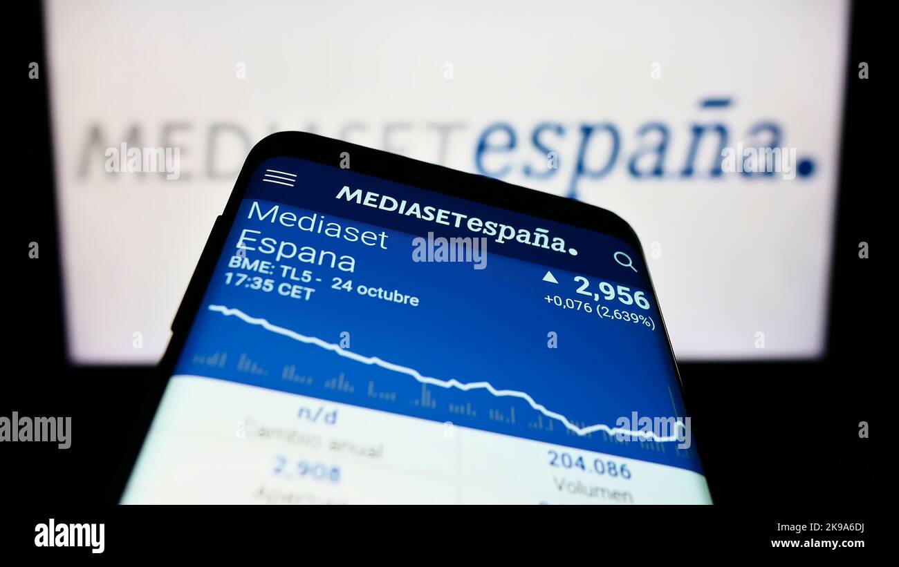 Mobile phone with webpage of Spanish media company Mediaset Espana on ...