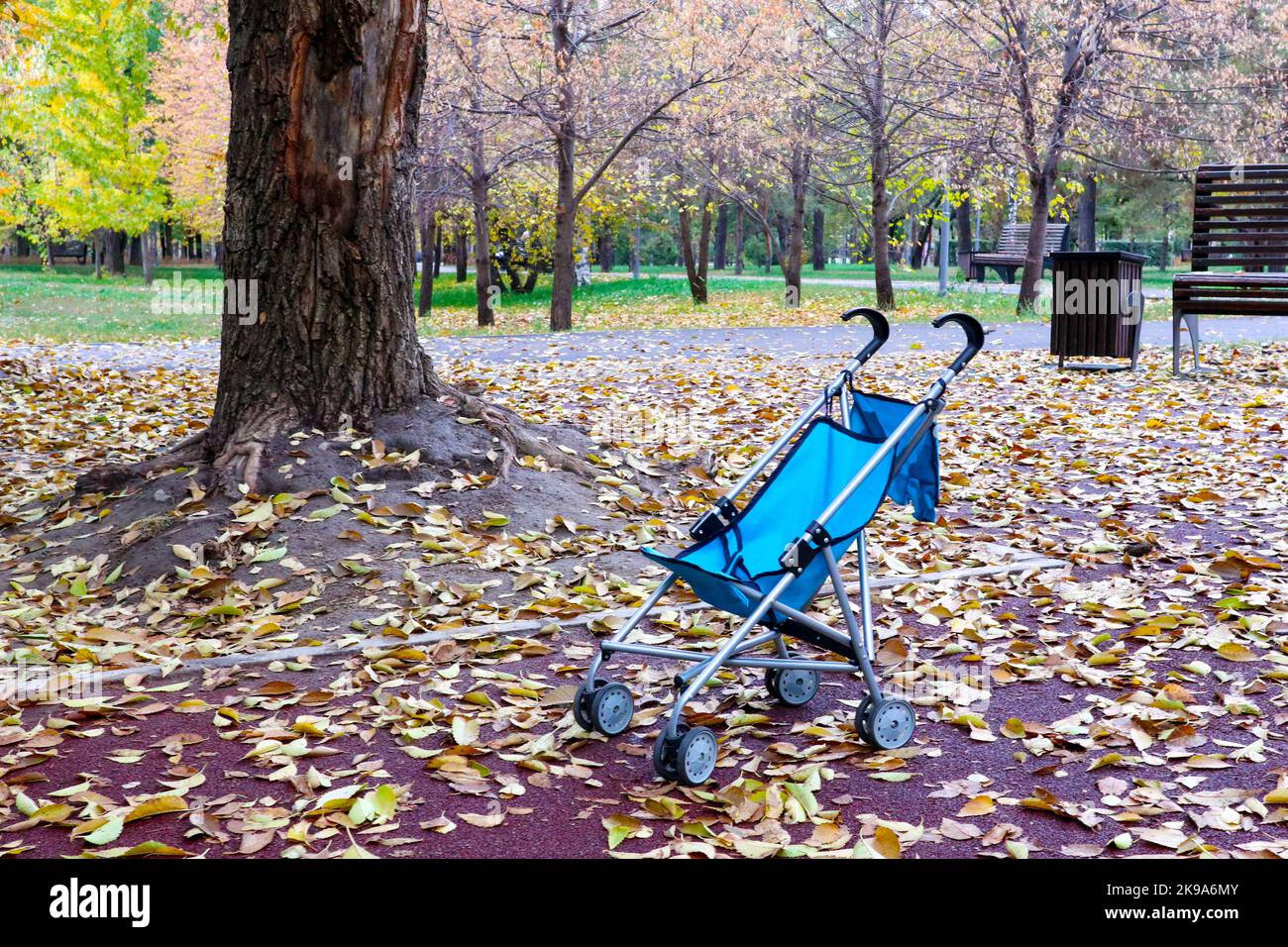 a forgotten stroller in the park in autumn. the toy stroller is empty ...