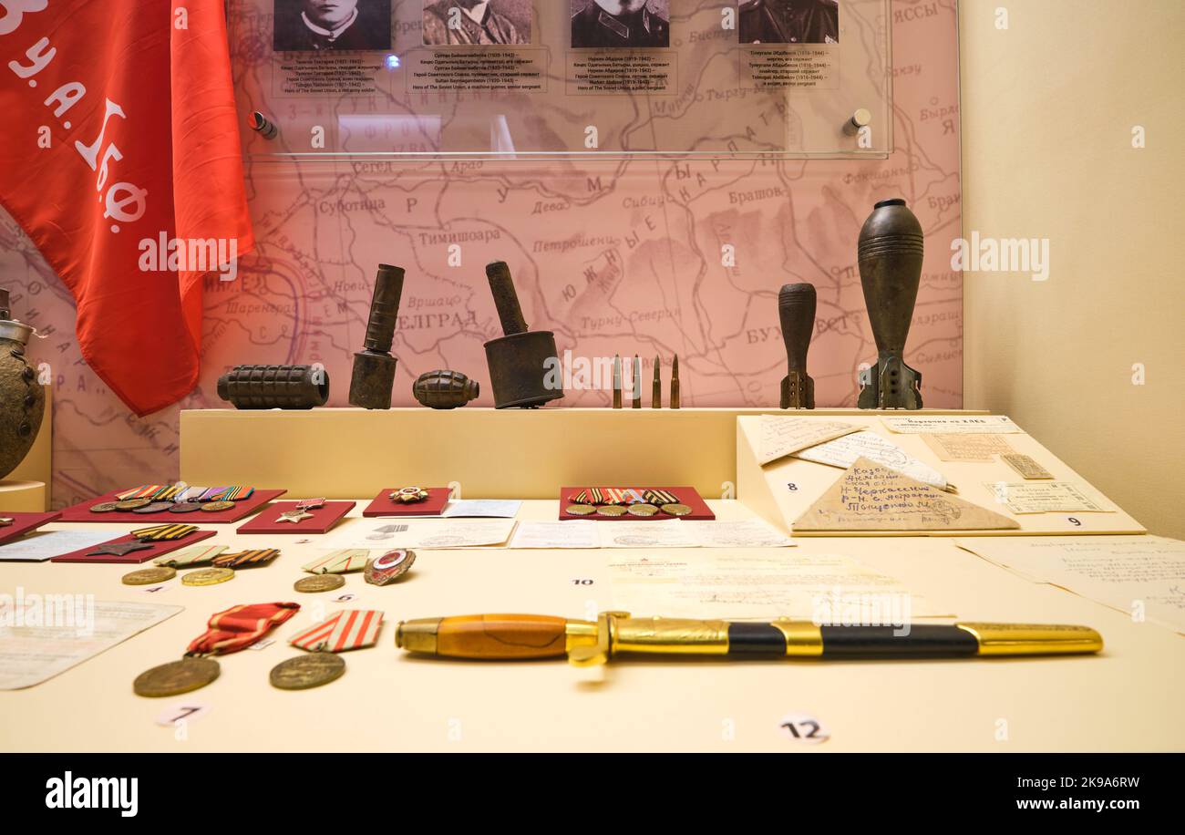 A display of Soviet, Russian, USSR, CCCP era bombs, hand grenades ...