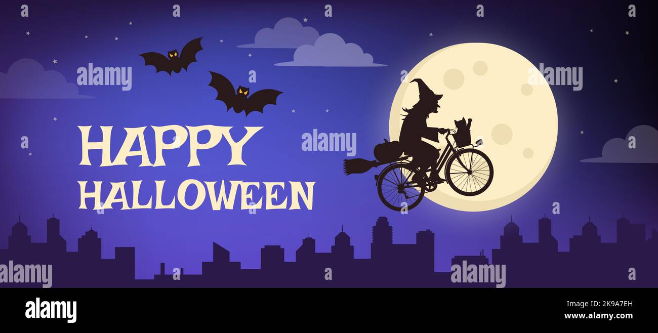 Scary witch riding a bicycle and flying in the sky on Halloween night ...