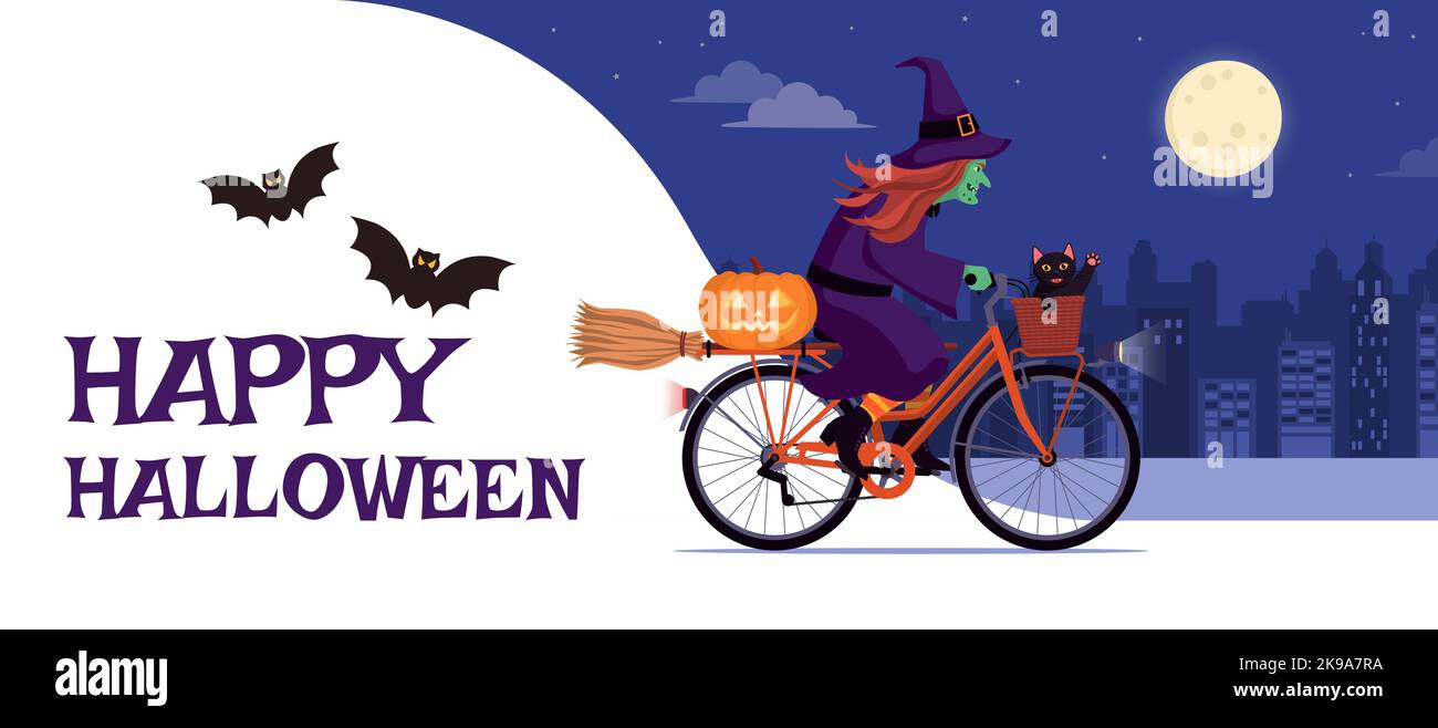 Scary funny witch riding a bicycle at night and Happy Halloween wishes ...