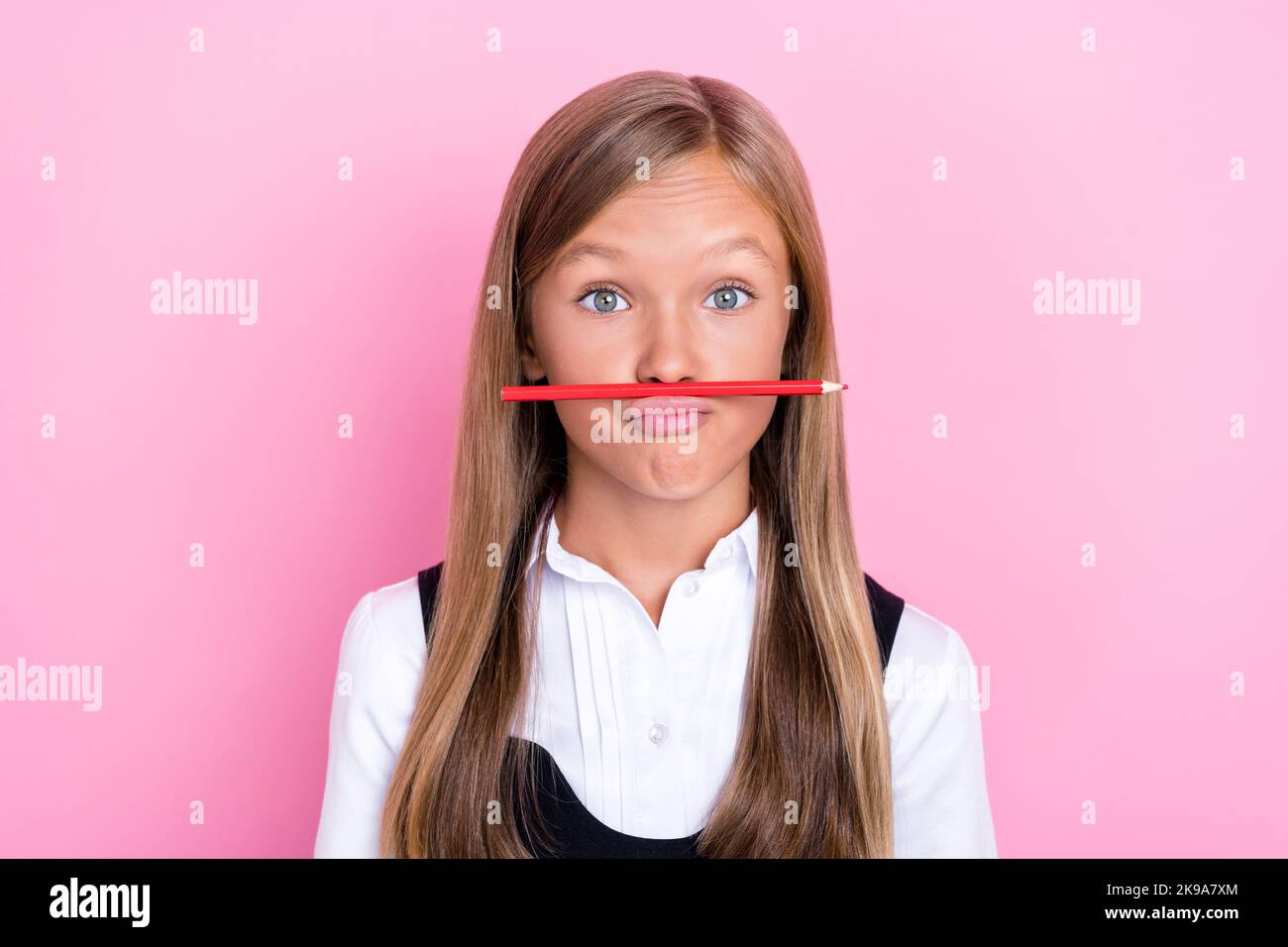 Closeup photo of young funny preteen cute schoolkid girl pouted lips ...