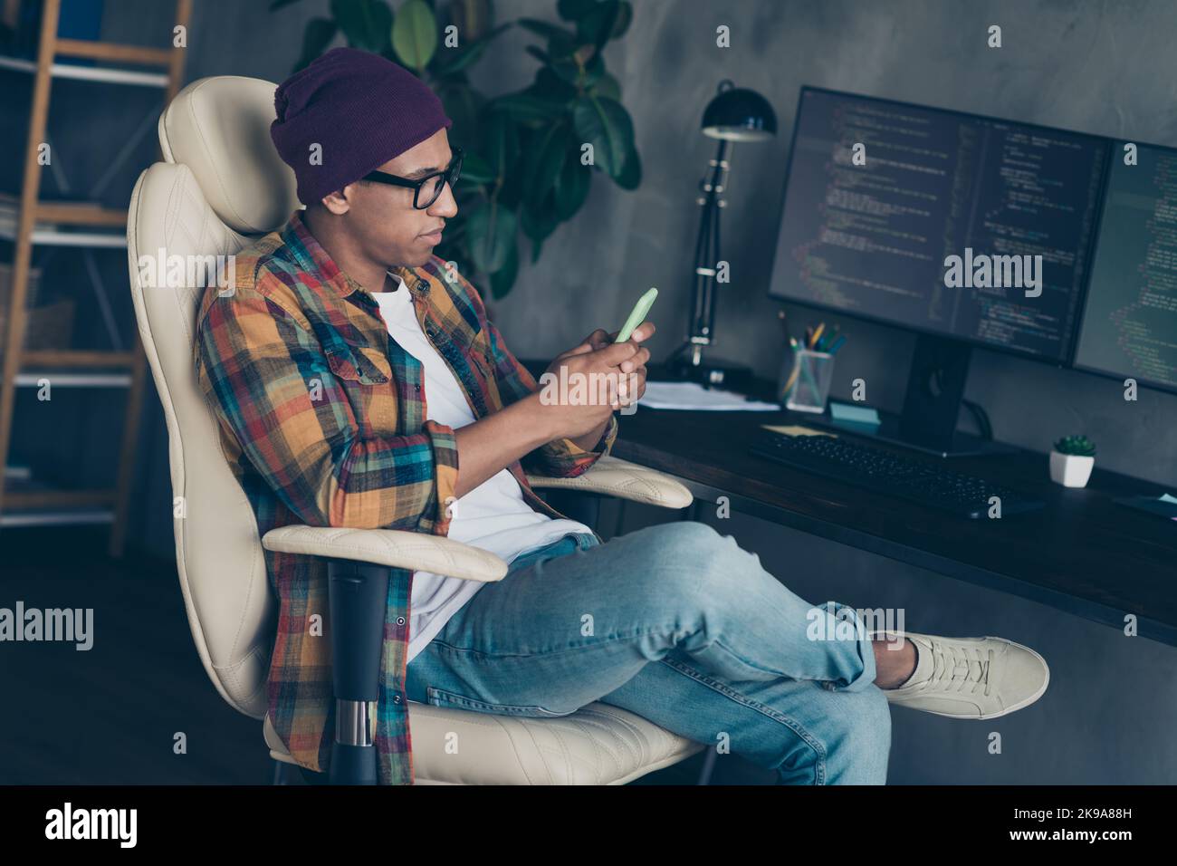 Profile photo of focused concentrated professional hacker sit chair use ...