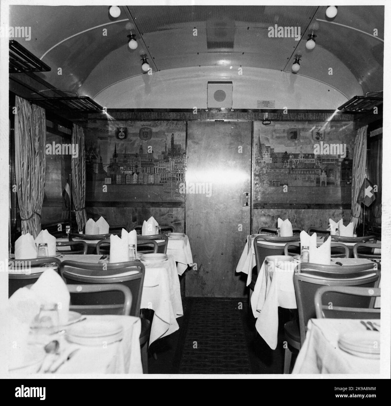State Railways, SJ R03 3748, restaurant car. Intarsia wall with motifs ...