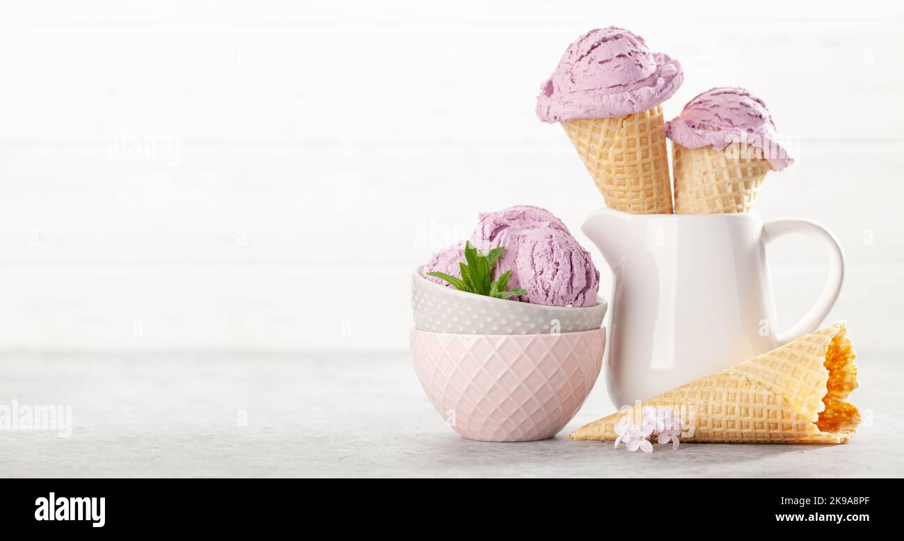 Berry ice cream sundae in waffle cones and copy space Stock Photo - Alamy