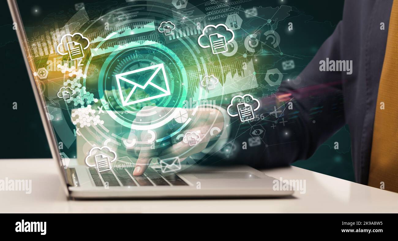 Business hand typing on a modern laptop Stock Photo - Alamy