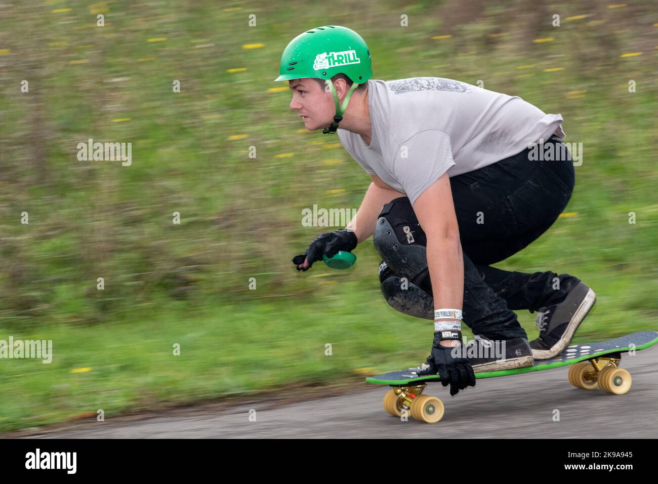 Skateboarder turning right on the Redbridge Cycling Centre track during ...