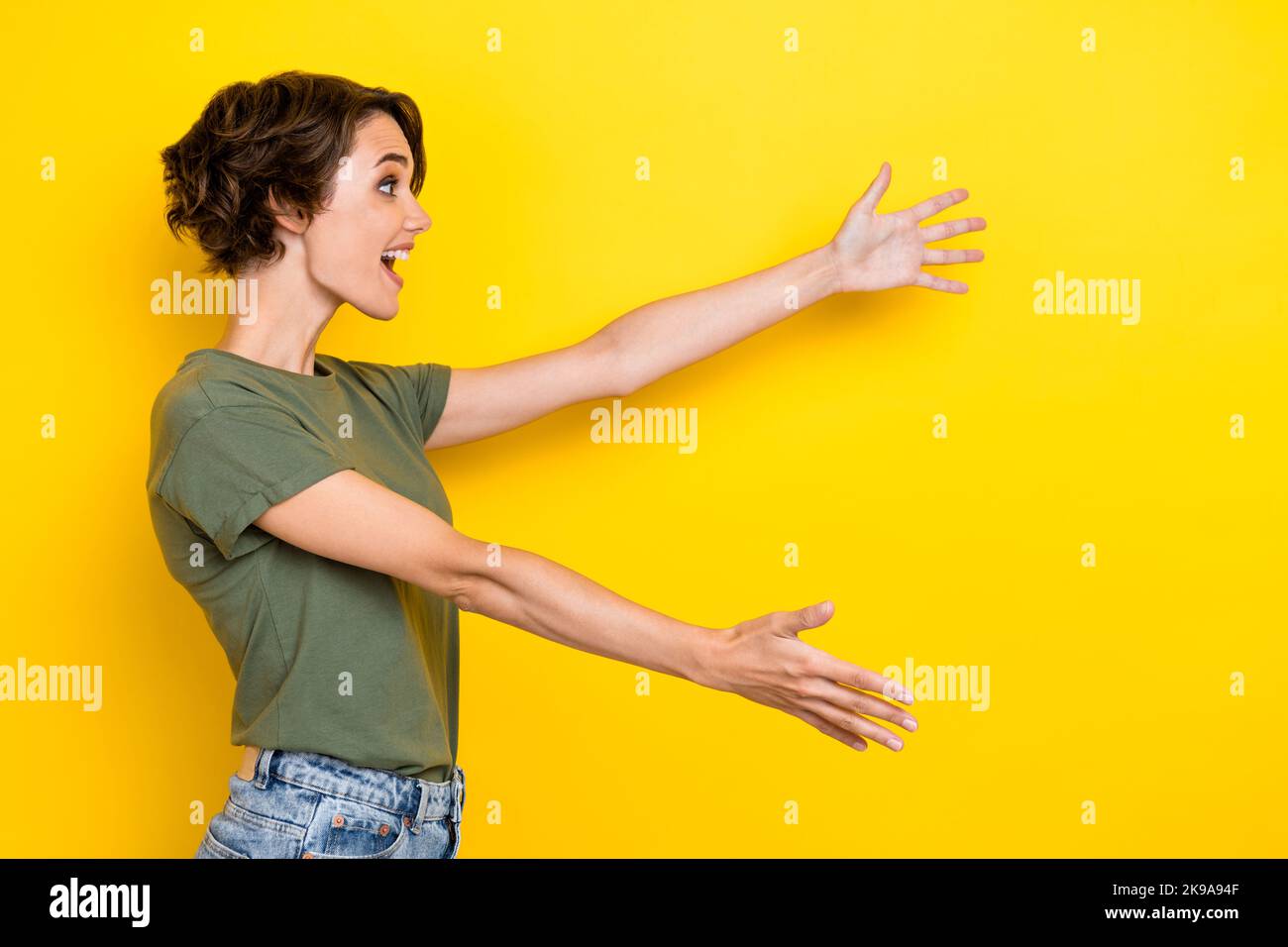 Side Profile Photo Of Lovely Woman With Bob Hairdo Dressed Khaki T