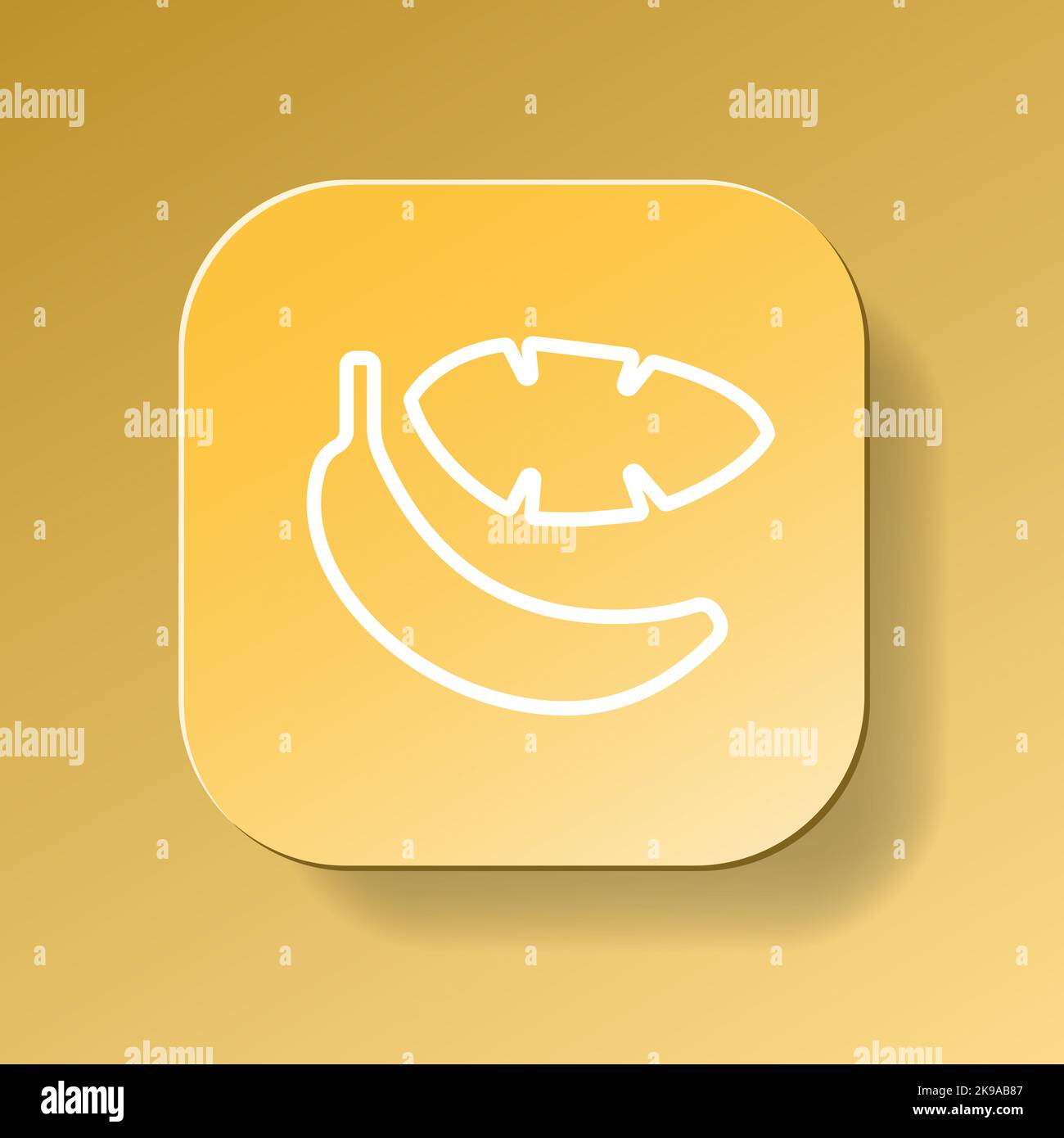 Banana fruit square button, white outline icon on yellow plate. Healthy ...