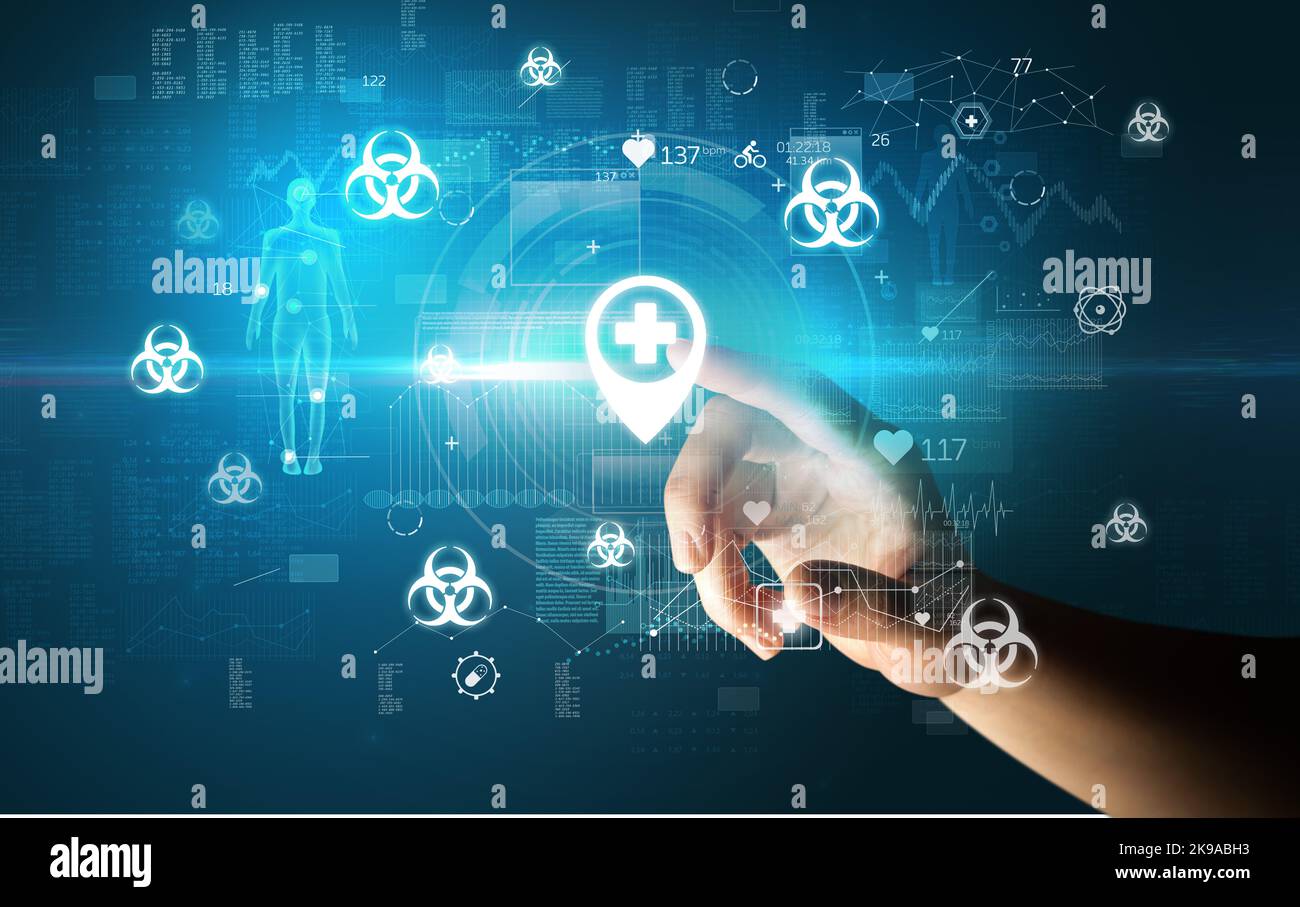 Doctor hand pressing futuristic health device with medical symbol on screen Stock Photo - Alamy